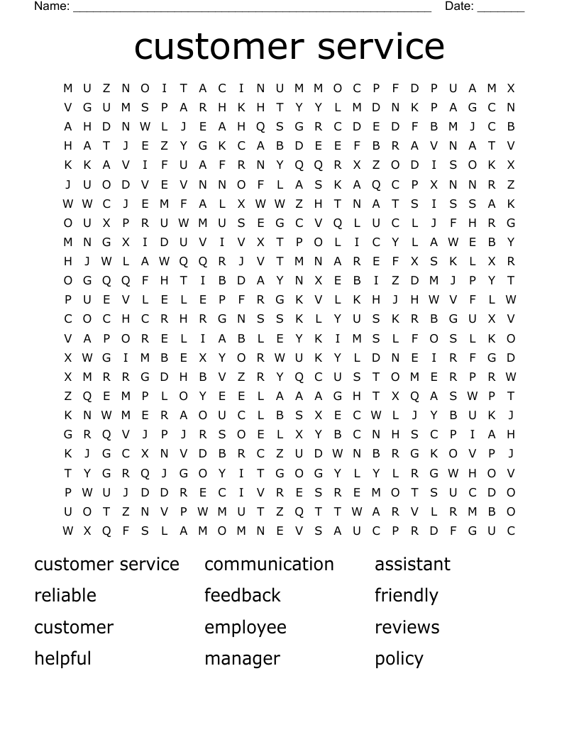 customer service Word Search - WordMint